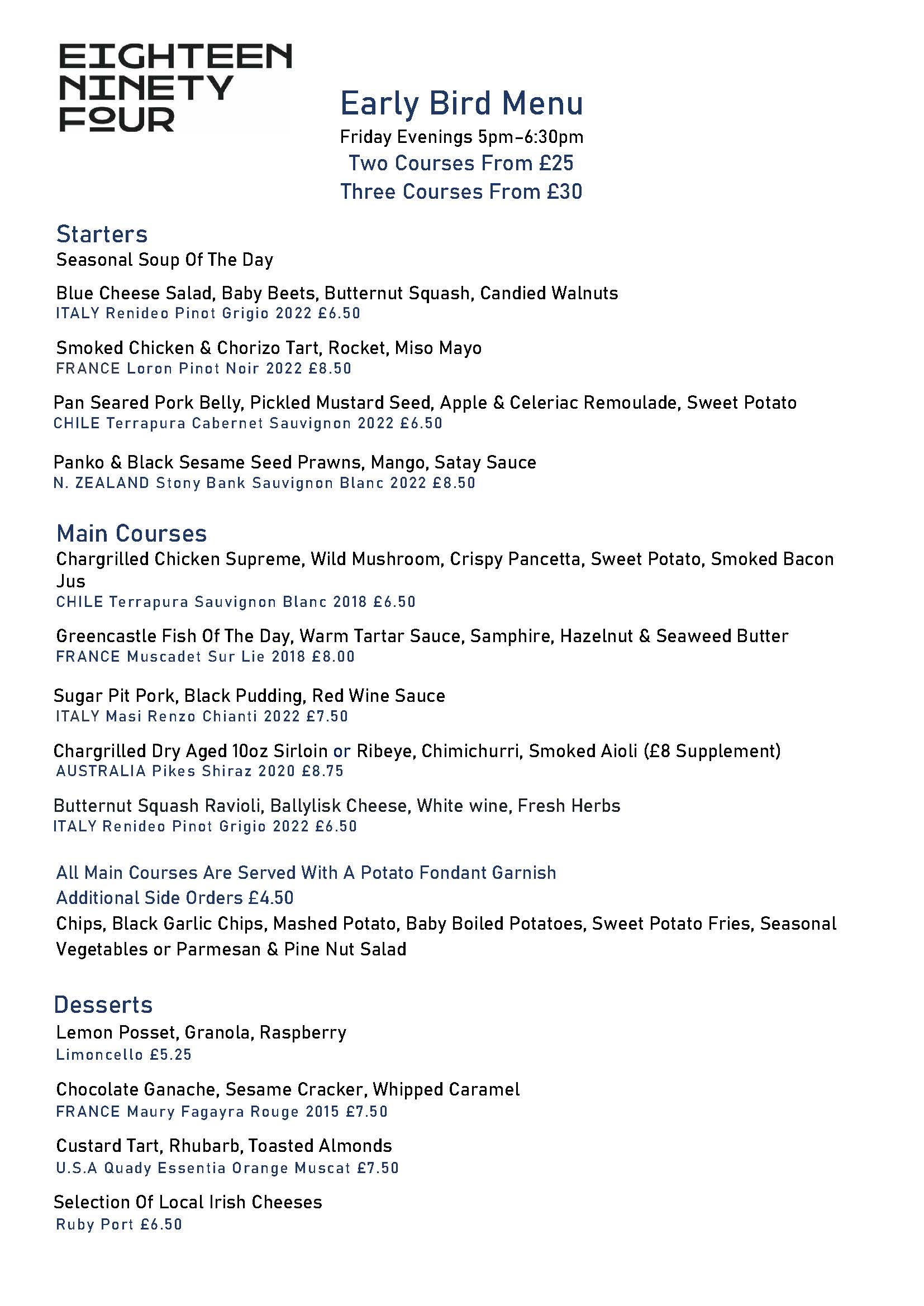 Two Course Early Bird Menu 2024 | Eighteen Ninety Four